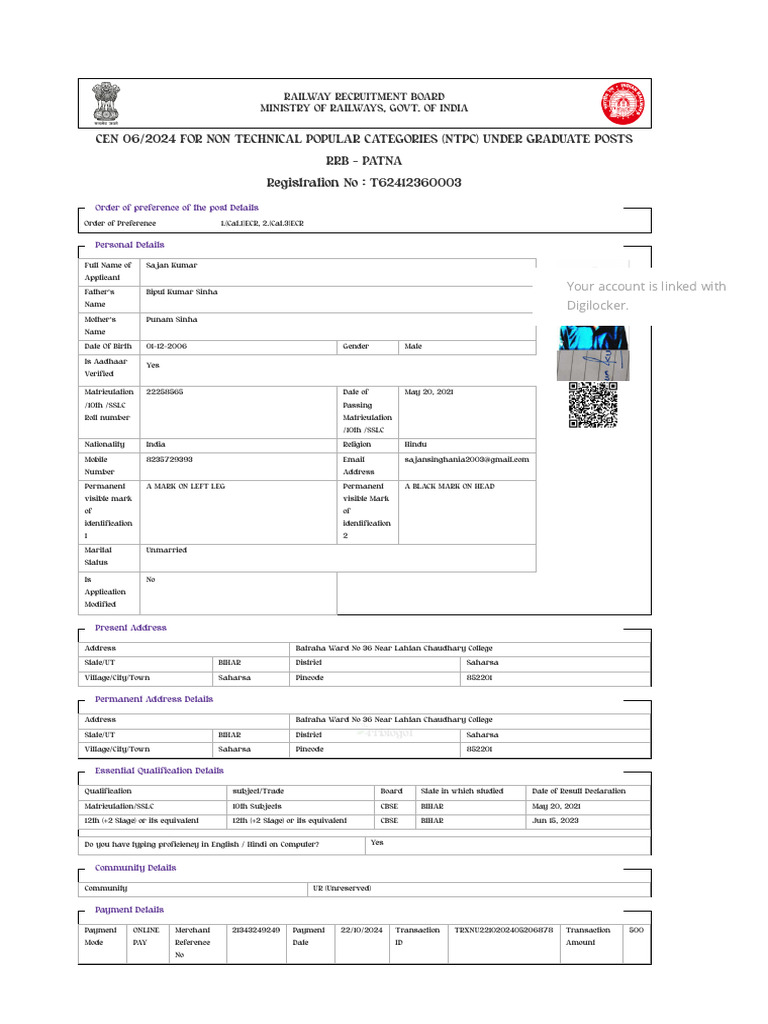Sajan Sinha _ RRB NTPC FORM | PDF