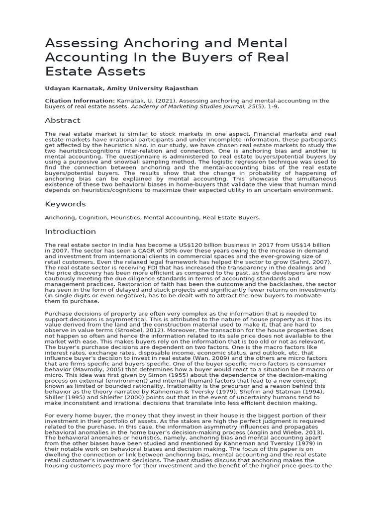 Assessing Anchoring and Mental Accounting In the Buyers of Real Estate ...