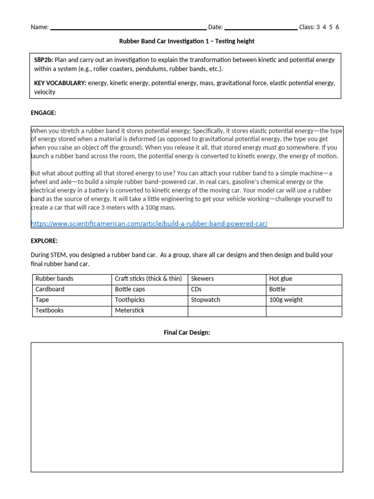 Rubberband Car 5E height 2024 - Maciah Westrick | PDF | Potential ...