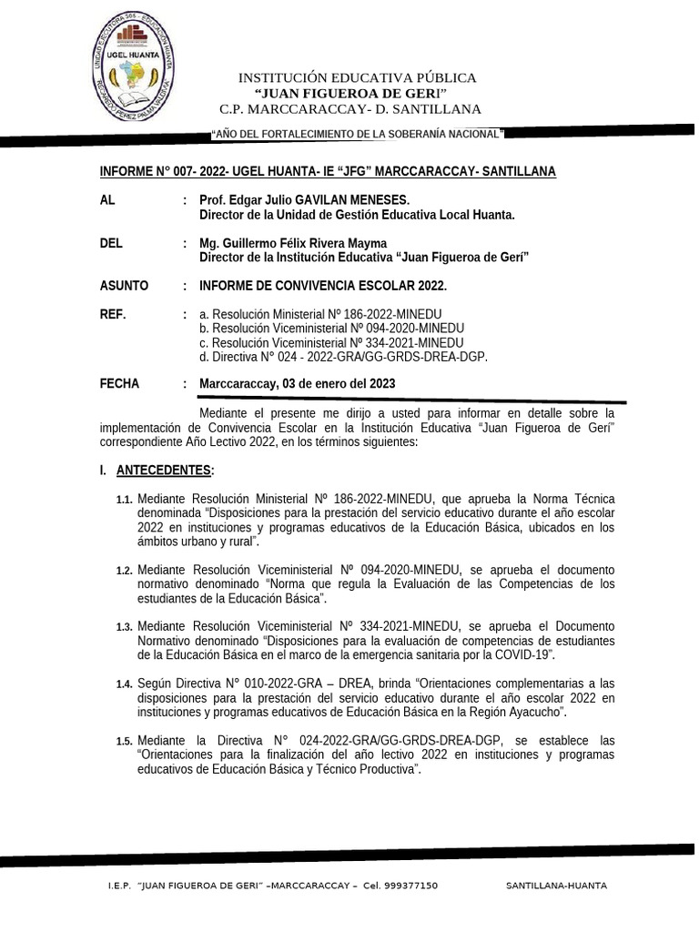 Informe Anual de Convivencia Escolar 2022 | PDF