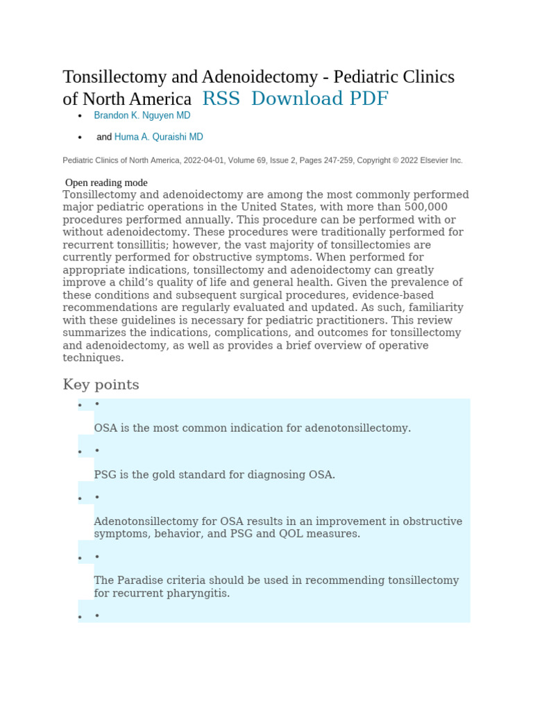 Tonsillectomy and Adenoidectomy - Pediatric Clinics of North America | PDF | Otorhinolaryngology ...