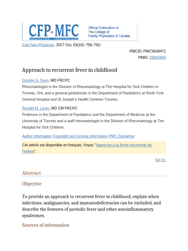 Approach To Recurrent Fever in Childhood Can Fam Physician 2016 | PDF ...