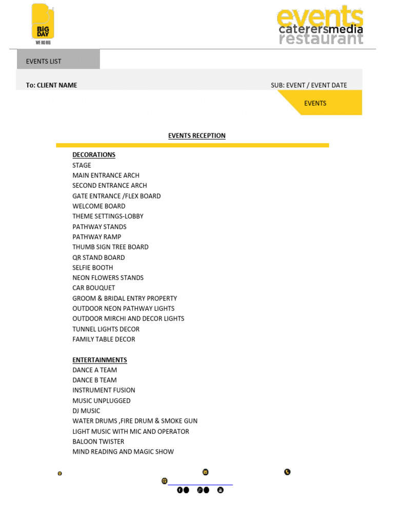 Bigday Reception Events List | PDF