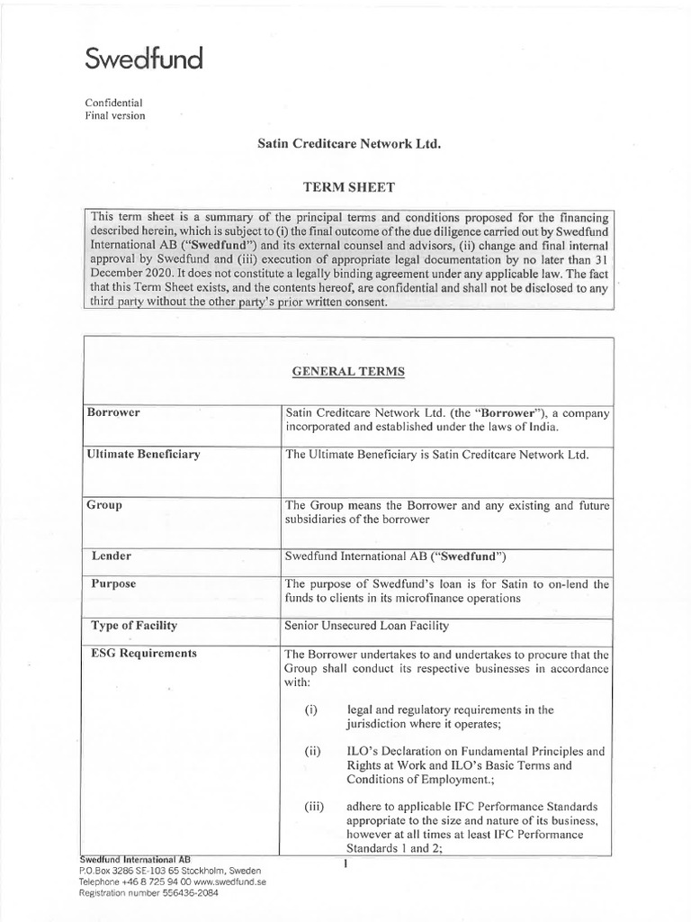 Swedfund - Term Sheet Satin Creditcare Networks Ltd. SIGNED | PDF