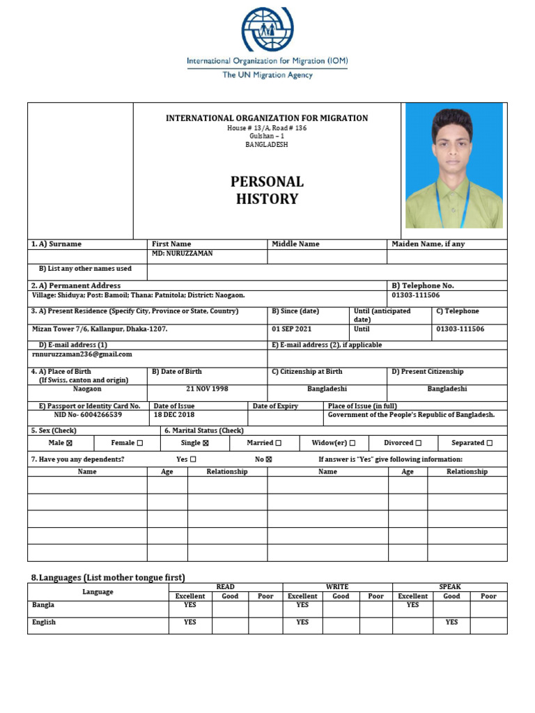 IOM Personal History Form Guide | PDF | Diploma | Hospital