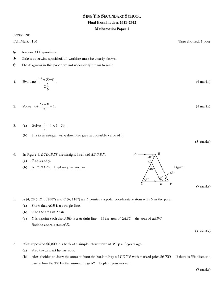 F1 Maths 2011 2ndexam Paper1 With Answer | PDF | Mathematics