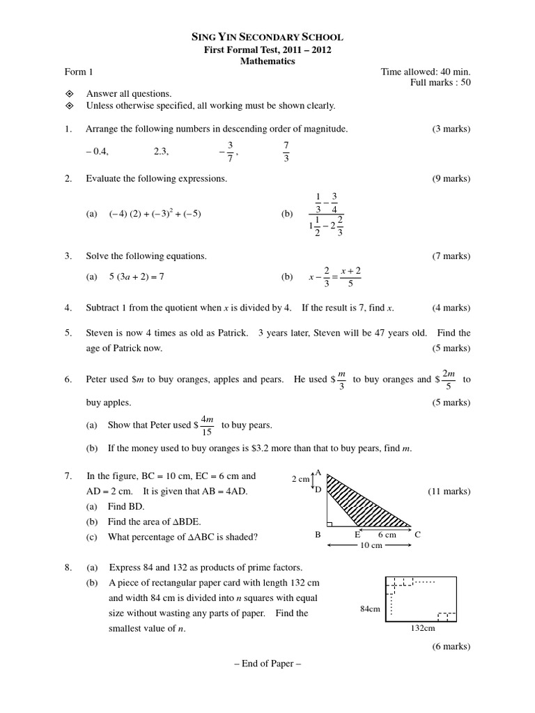 F1_Maths_2011_1stTest | PDF | Elementary Mathematics | Mathematics
