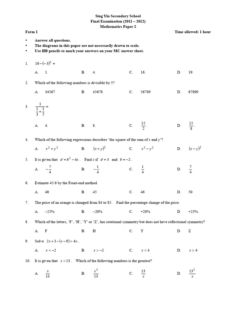 F1 Maths 2011 2ndexam Paper2 With Answer | PDF | Area | Mathematics