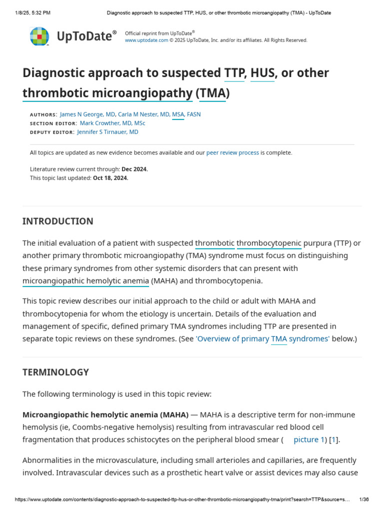 Diagnostic Approach To Suspected TTP, HUS, or Other Thrombotic ...