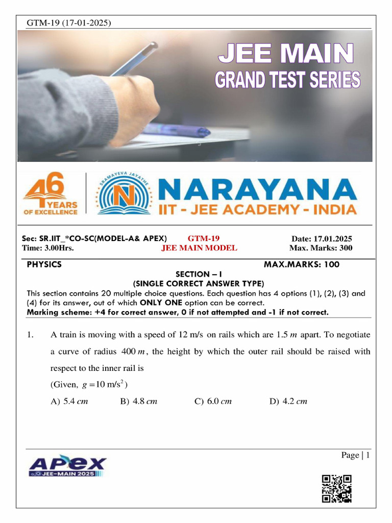 17-01-2025 SR - Star Co-Sc (Model-A& Apex) Jee Main Gtm-19 QP | PDF