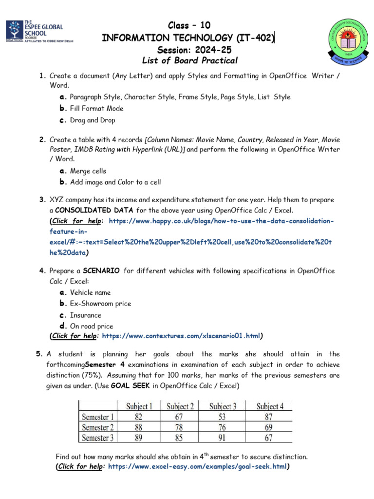 Class X (IT-402) Practical File Session 2024-25 | PDF | Microsoft Excel | Data Management