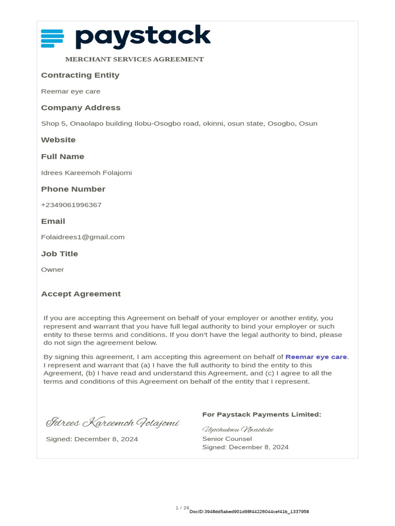 Paystack Merchant Service Agreement 1337958 | PDF | Legal Liability ...
