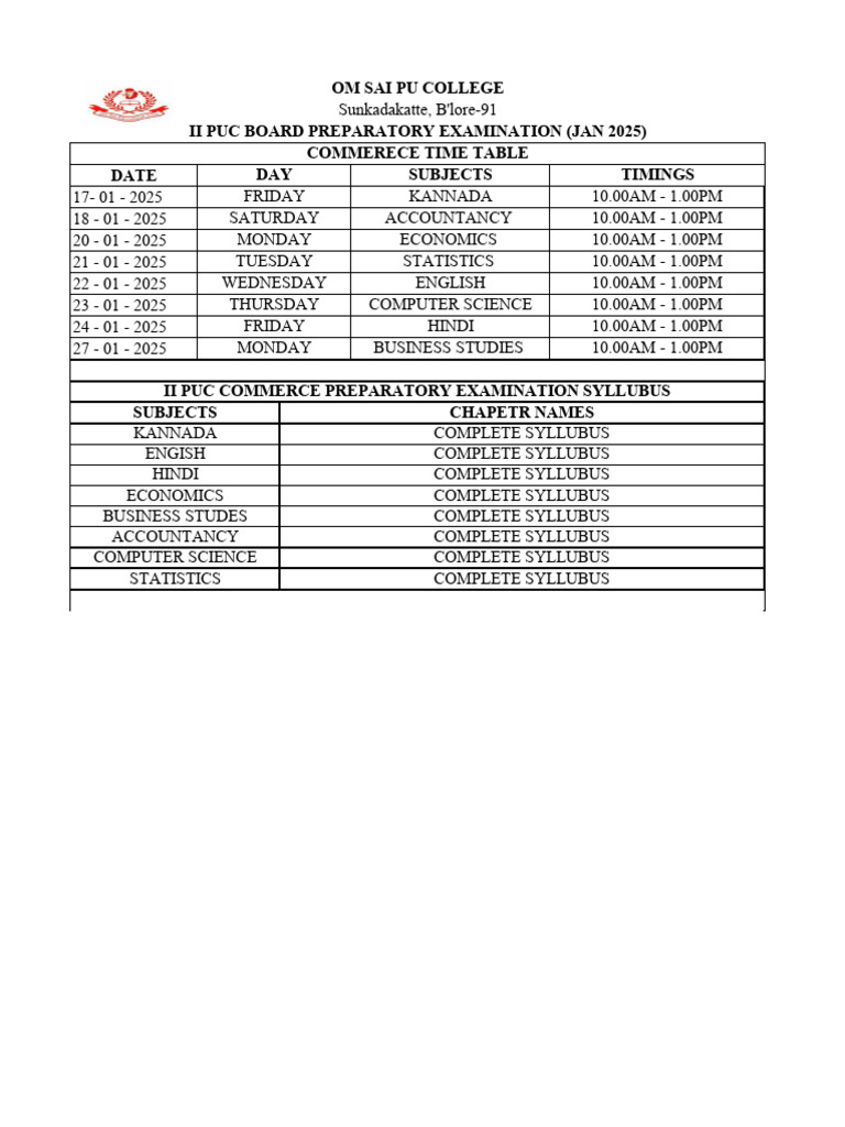 II PUC Commerce Board Preparatory Exam Time Table & Test Syllubus (JAN ...