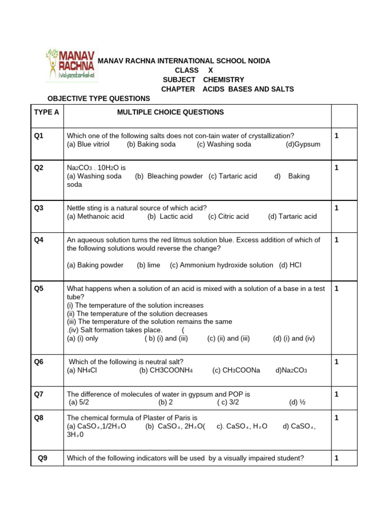 Chemistry Mcqs On Acids Bases Salts Pdf Hydroxide Acid