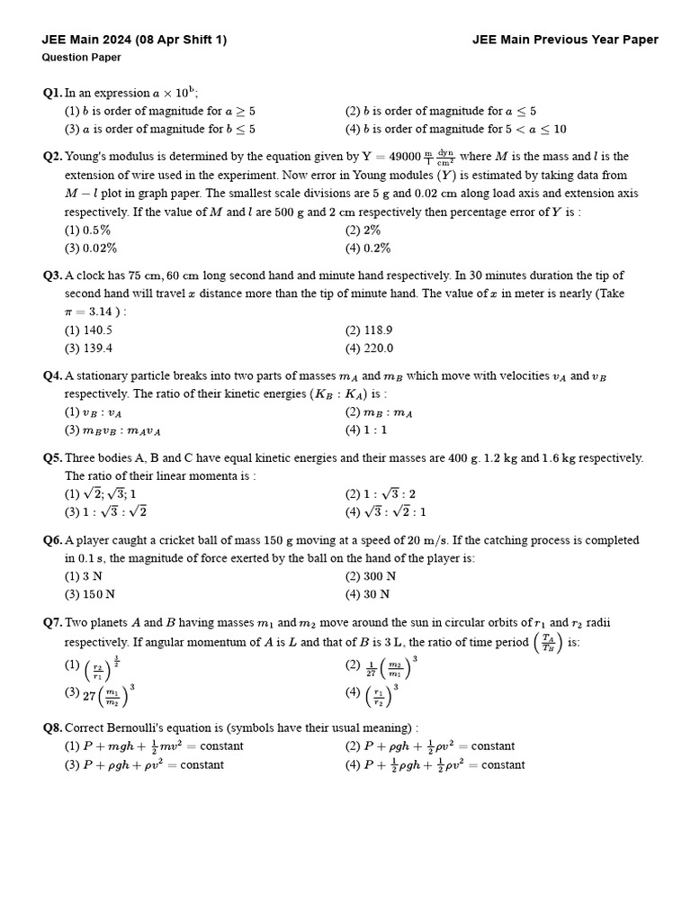 JEE Main 2024 (08 Apr Shift 1) Previous Year Paper With Answer Keys | PDF