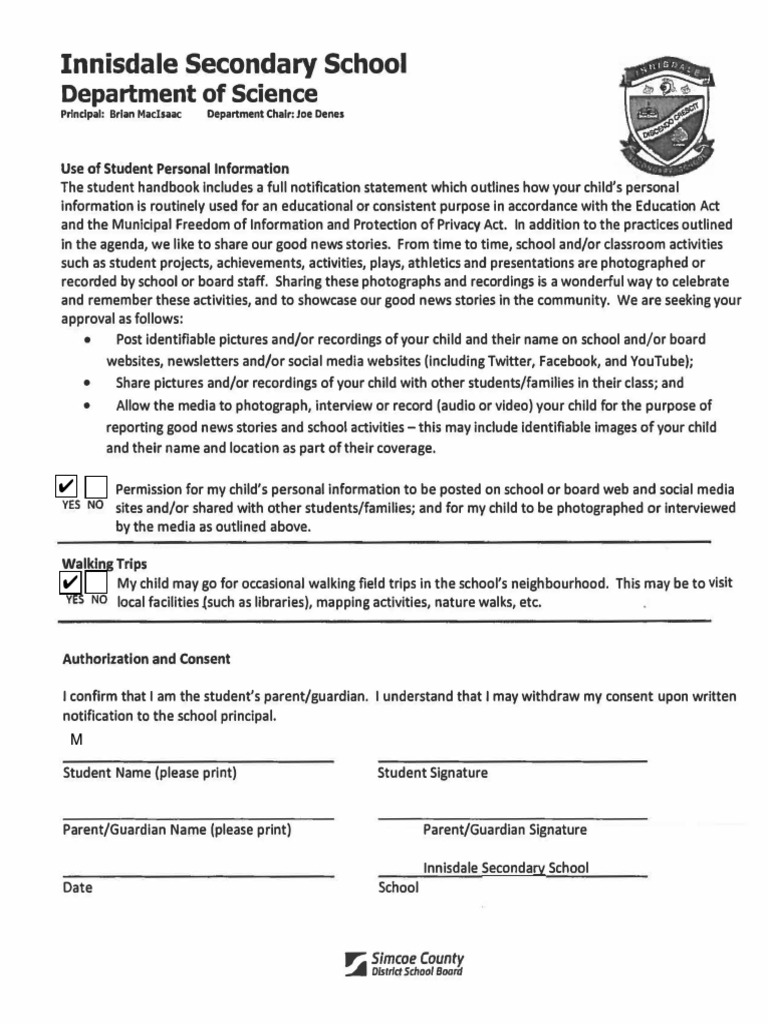 Innisdale Secondary School Safety Consent Form | PDF | Laboratories ...
