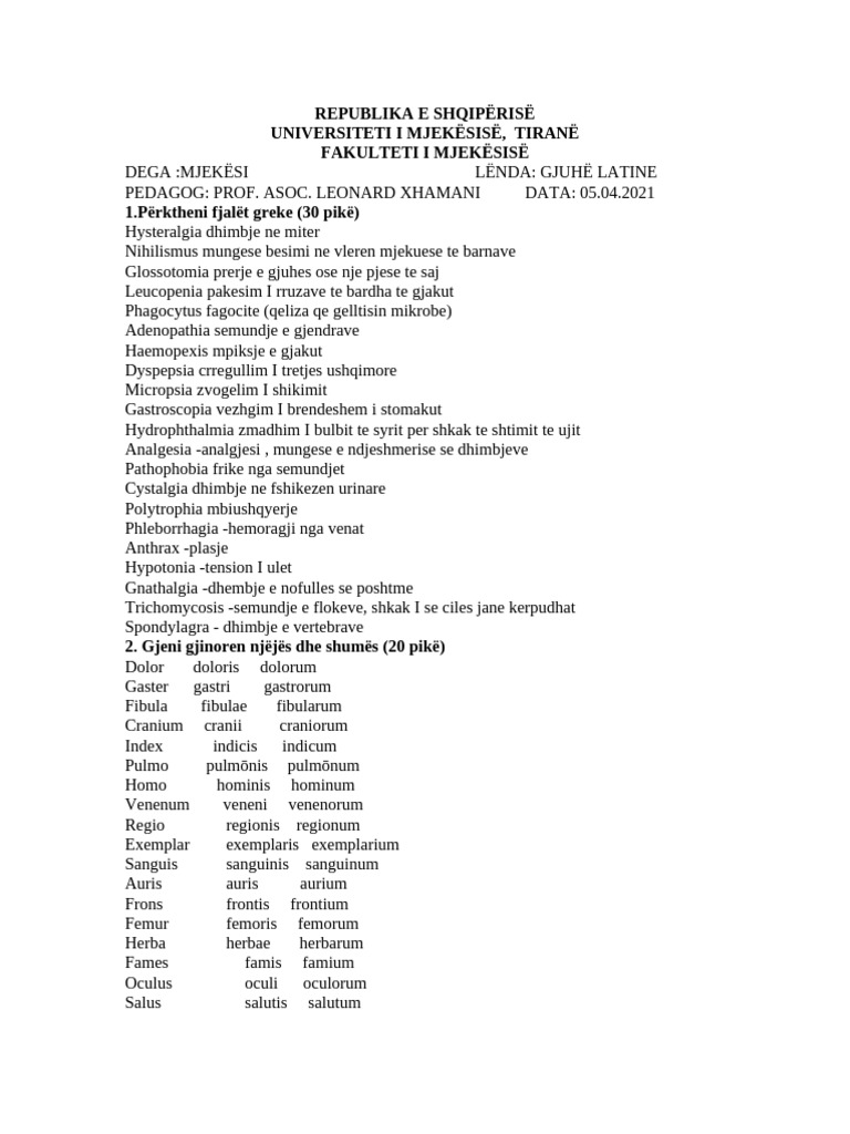 Mjekesi 2021, Teza 2, Latinisht | PDF