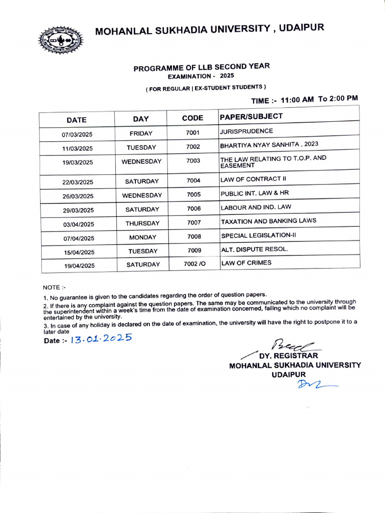 Time Table of LLB Second Year Examination 2025 (For Regular, Ex-Student ...
