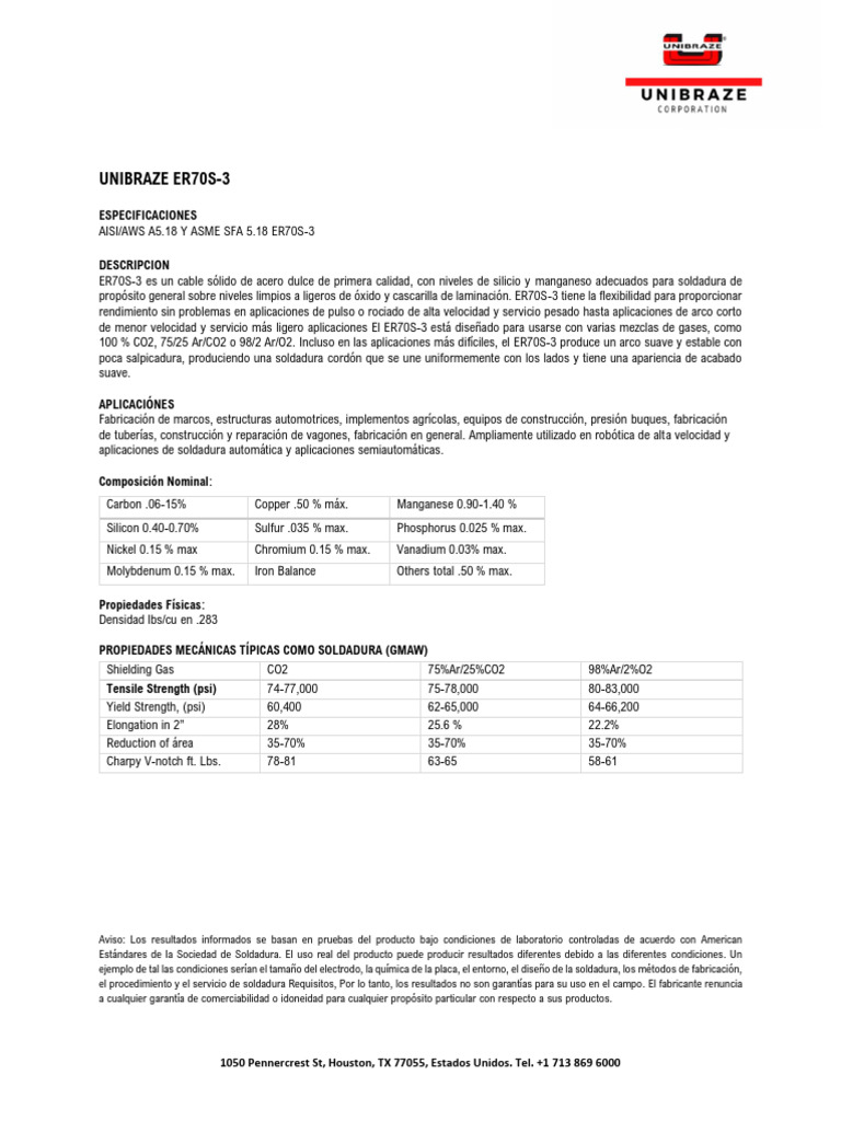 Unibraze Er70s-3 | PDF | Soldadura | Construcción