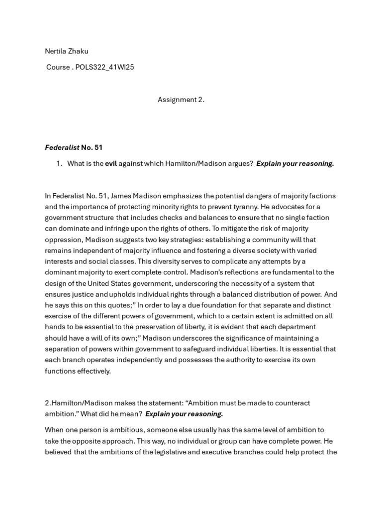 Analysis of Federalist Papers 51 & 78 | PDF | Separation Of Powers ...