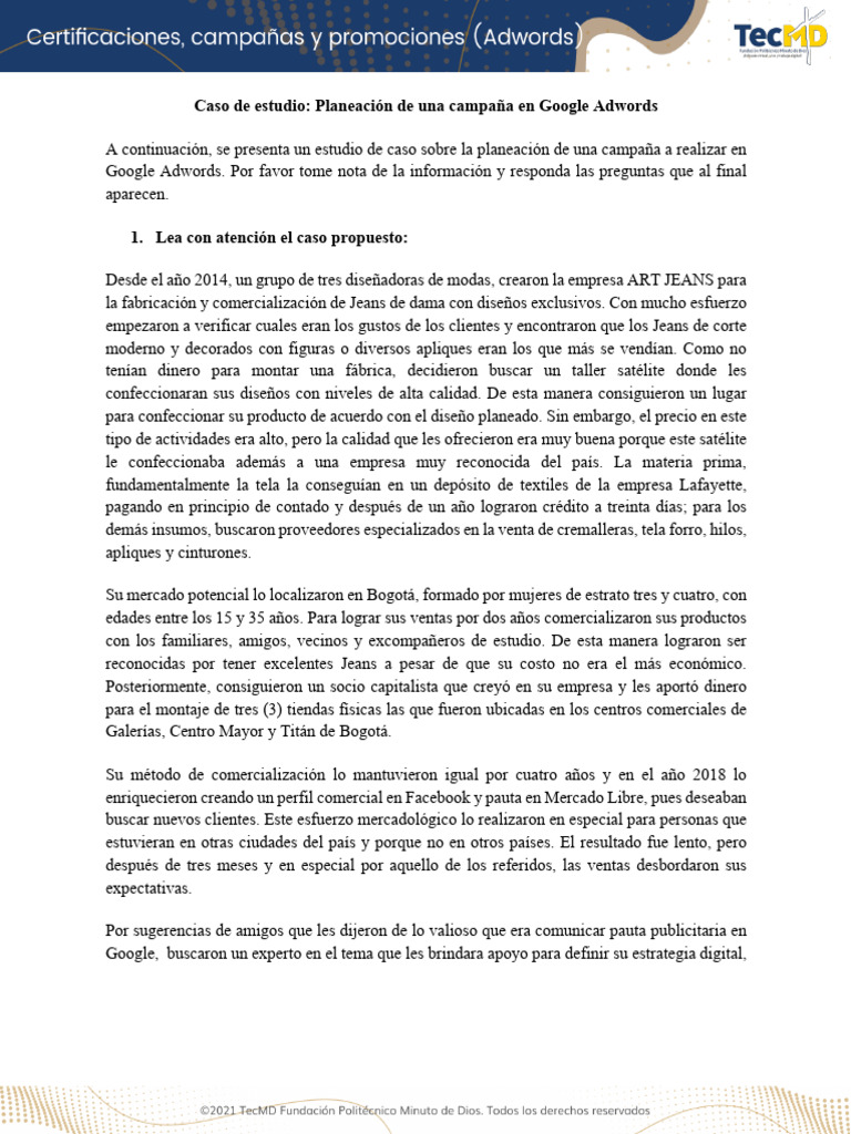 Uni1 Act1 Cas Est Pla Cam Goo Adw | PDF | Business | Publicidad