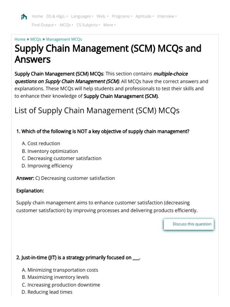 Supply Chain Management (SCM) MCQs and Answers | PDF | Supply Chain | Inventory