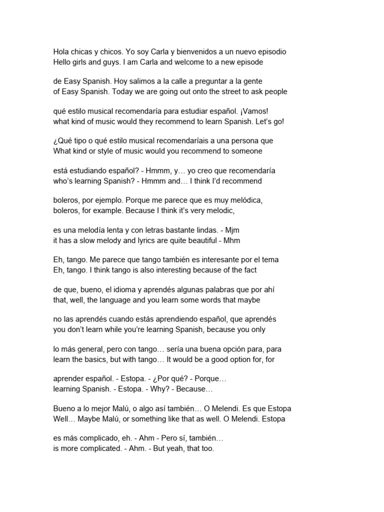 ES187 - Transcript in Spanish and English - Learning Spanish with music ...