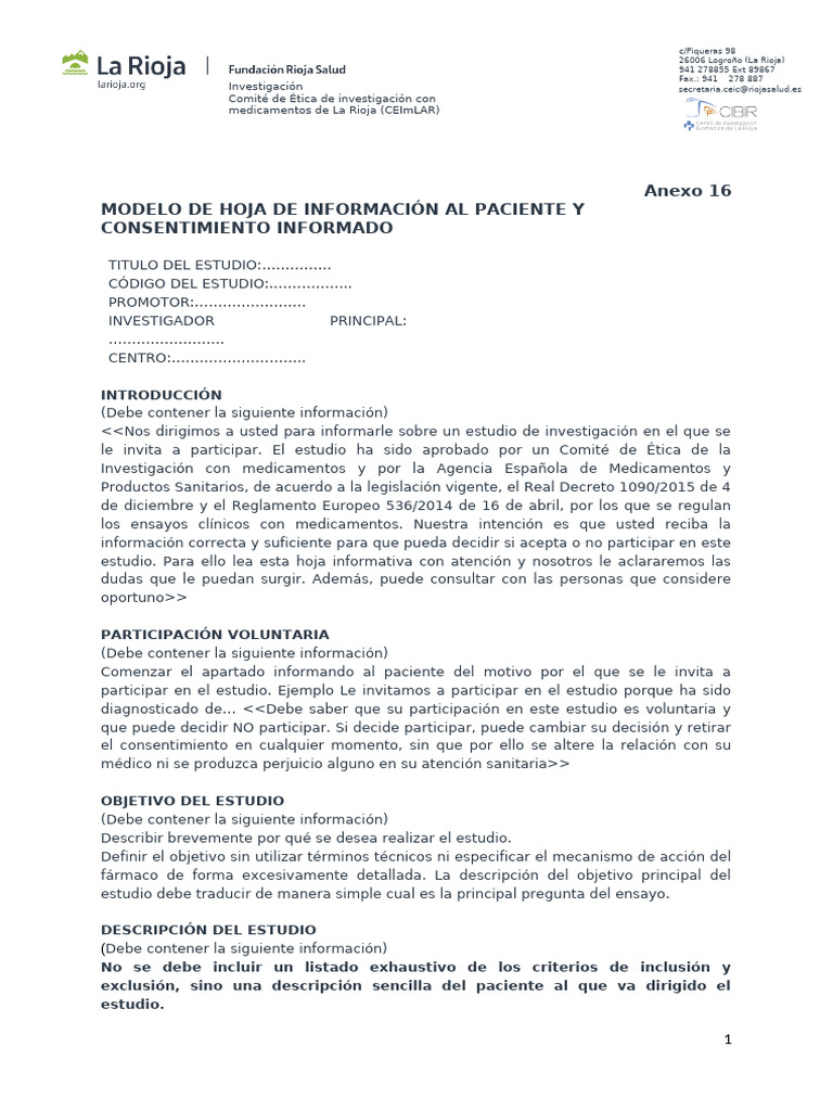 Anexo 16-Modelo de hoja de información al paciente y consentimiento informado | PDF ...