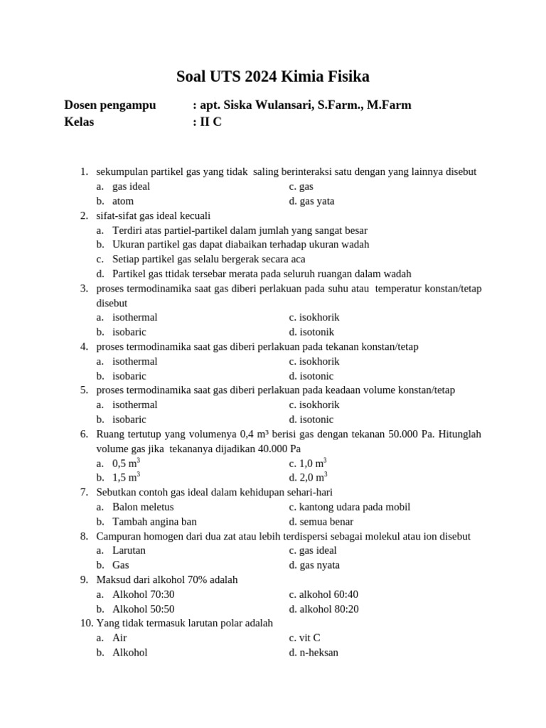 Soal UTS Kimia Fisika 2c | PDF