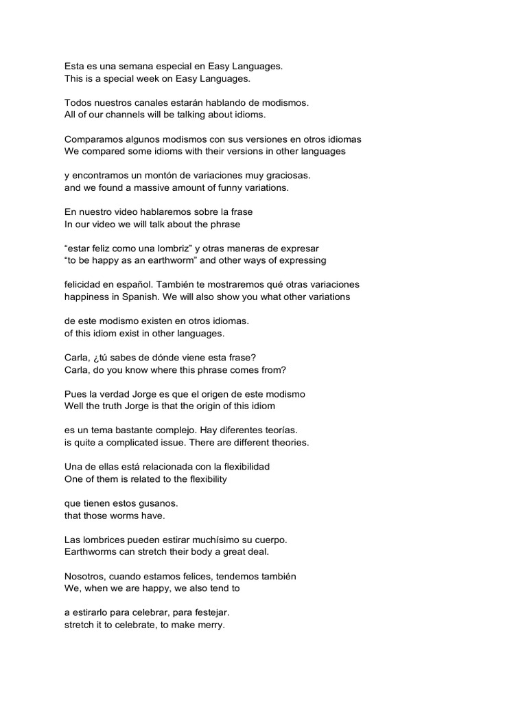 ES199 - Transcript in Spanish and English - Spanish Idiom Compared - Happy As A Worm | PDF ...