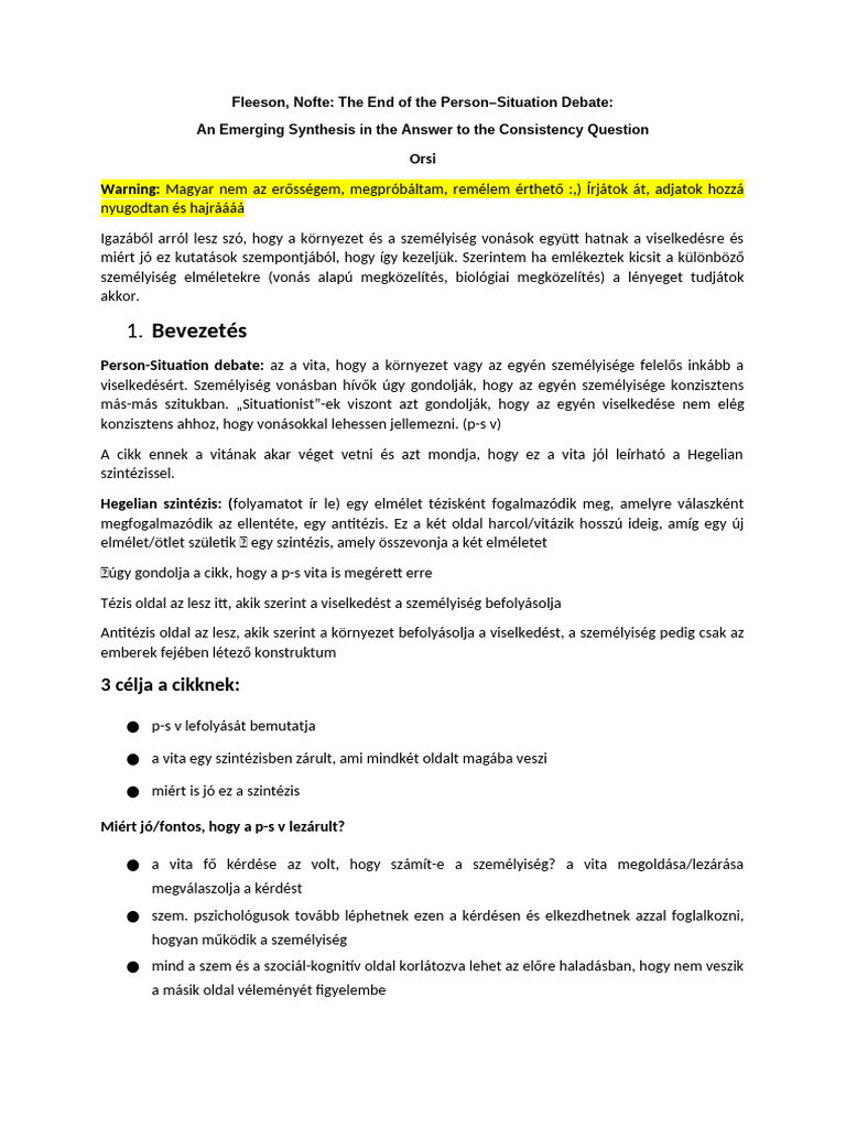 Fleeson, Nofte - The End of The Person-Situation Debate - An Emerging ...