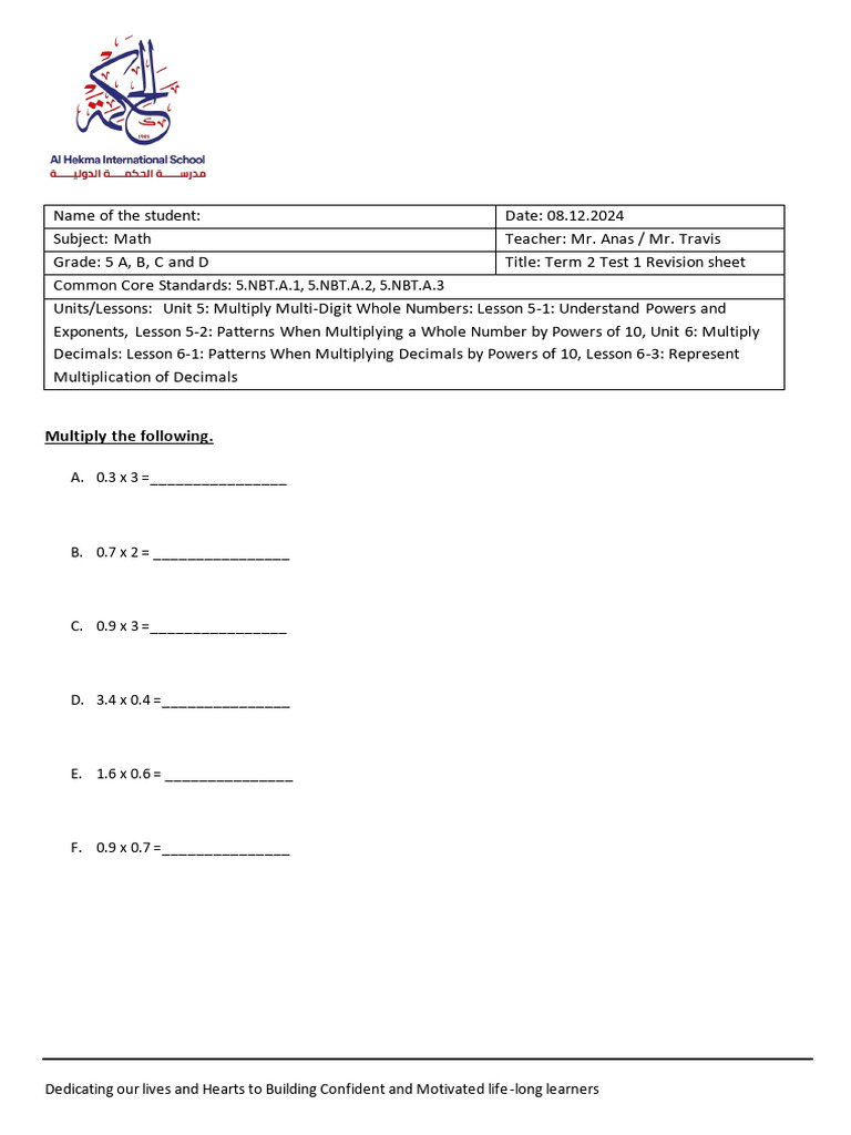 Term 2 Test 1 Revision Sheet-١ | PDF | Multiplication | Mathematics