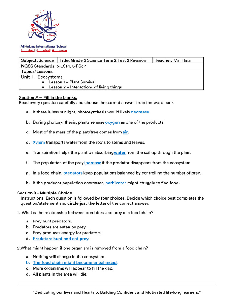 Grade 5 Science Term 1 Test 2 Revision Sheet Answer Key-١ | PDF