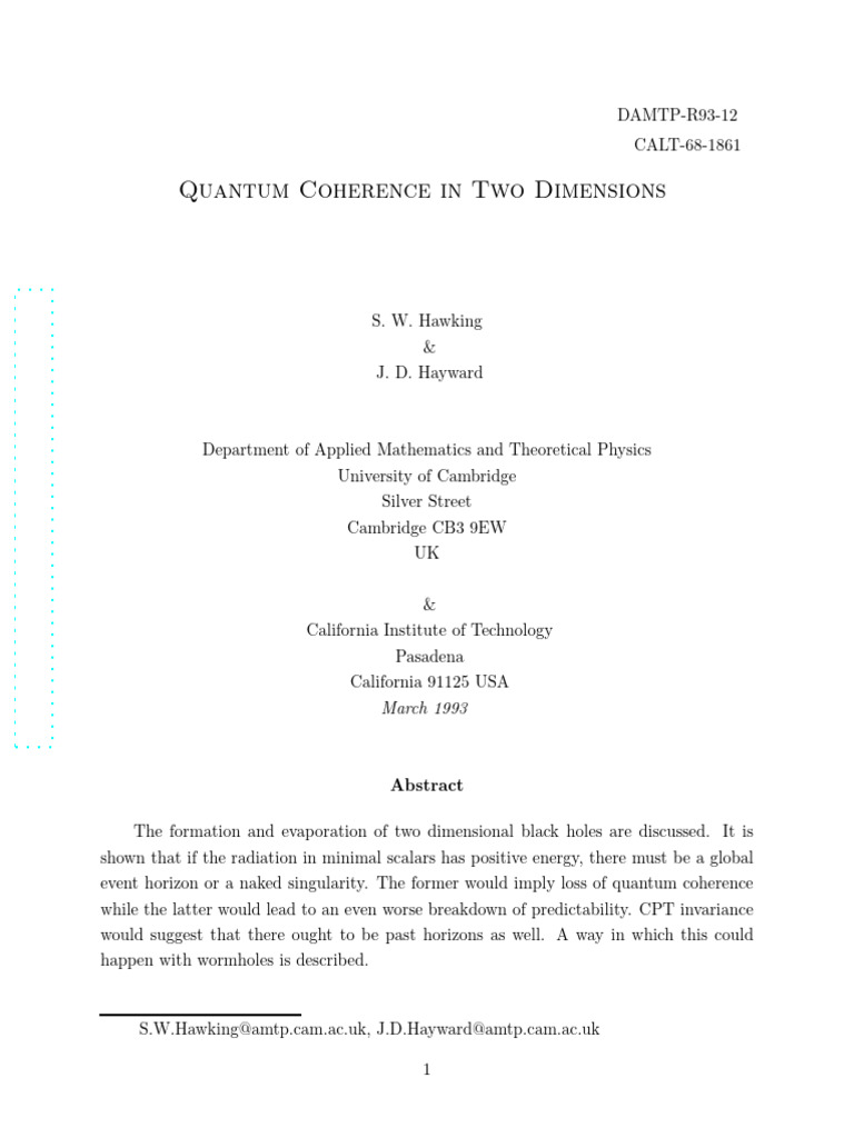 Quantum Coherence in Two Dimensions | PDF | Black Hole | Event Horizon