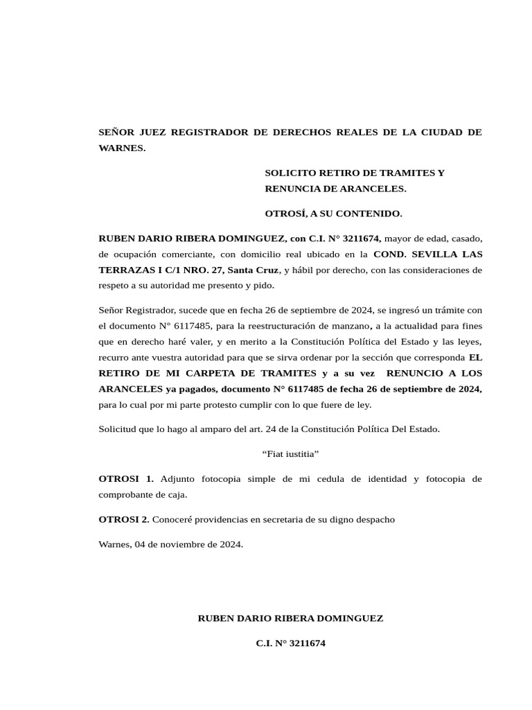 memorial retiro de tramite y renuncia de aranceles | PDF