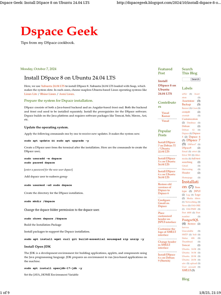 Install DSpace 8 on Ubuntu 24.04 LTS | PDF | Sudo | Postgre Sql
