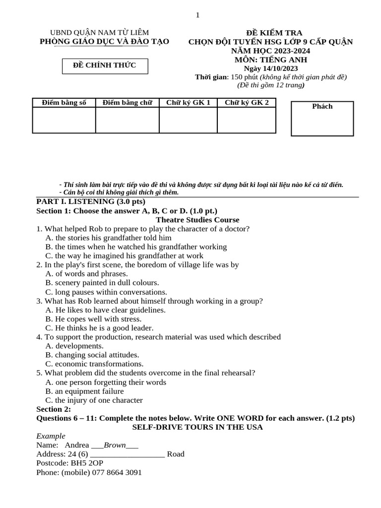 NTL 23-24- CHÍNH THỨC - ĐỀ THI CHỌN HSG MÔN ANH | PDF | Health Promotion | Ethology