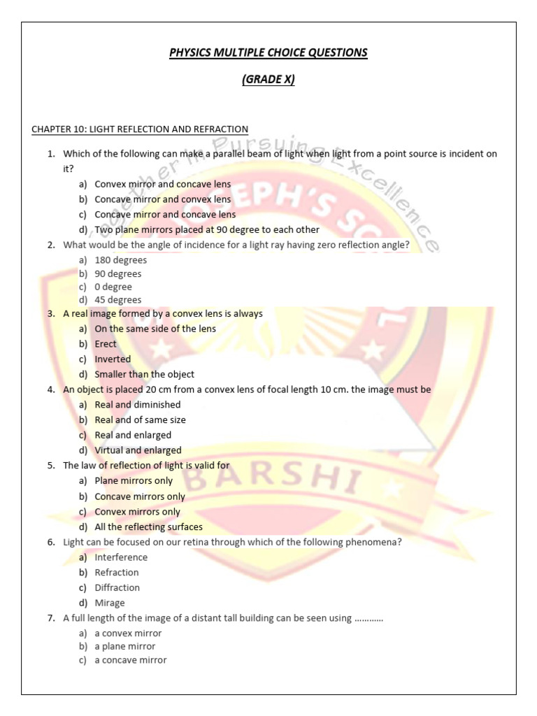 Grade X Physics: Light & Electricity MCQs | PDF | Magnetic Field | Eye