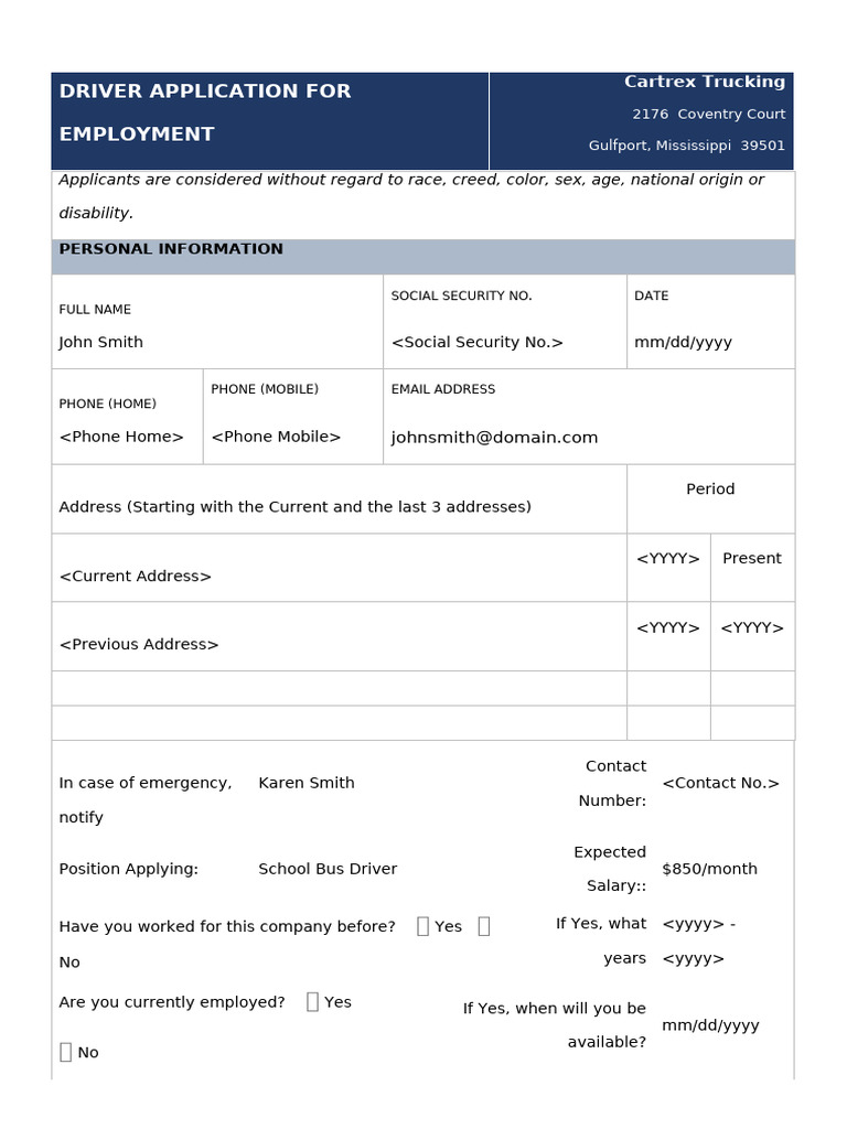 Cartrex Trucking Driver Application Form | PDF | Driver's License | Truck