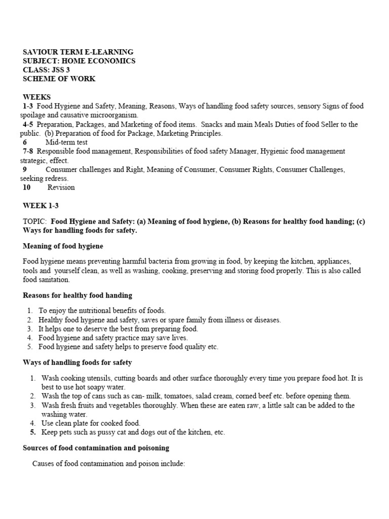 Jss 3 Home Econs Saviour Term E-Notes | PDF | Meal | Food Safety