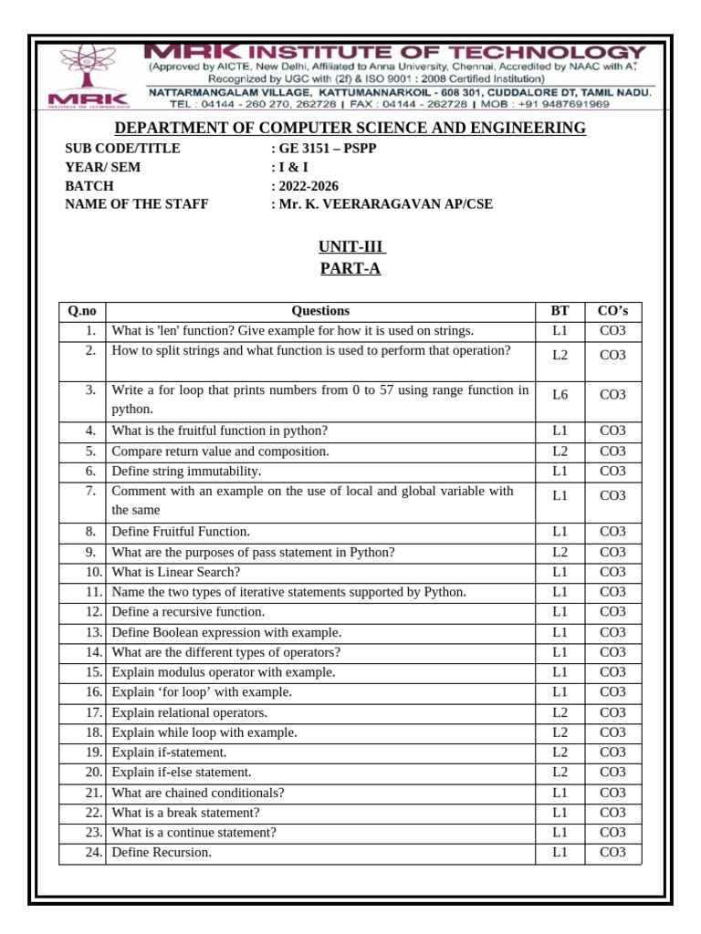 PSPP QB Ia3 - Veeraragavan | PDF | Control Flow | Parameter (Computer Programming)