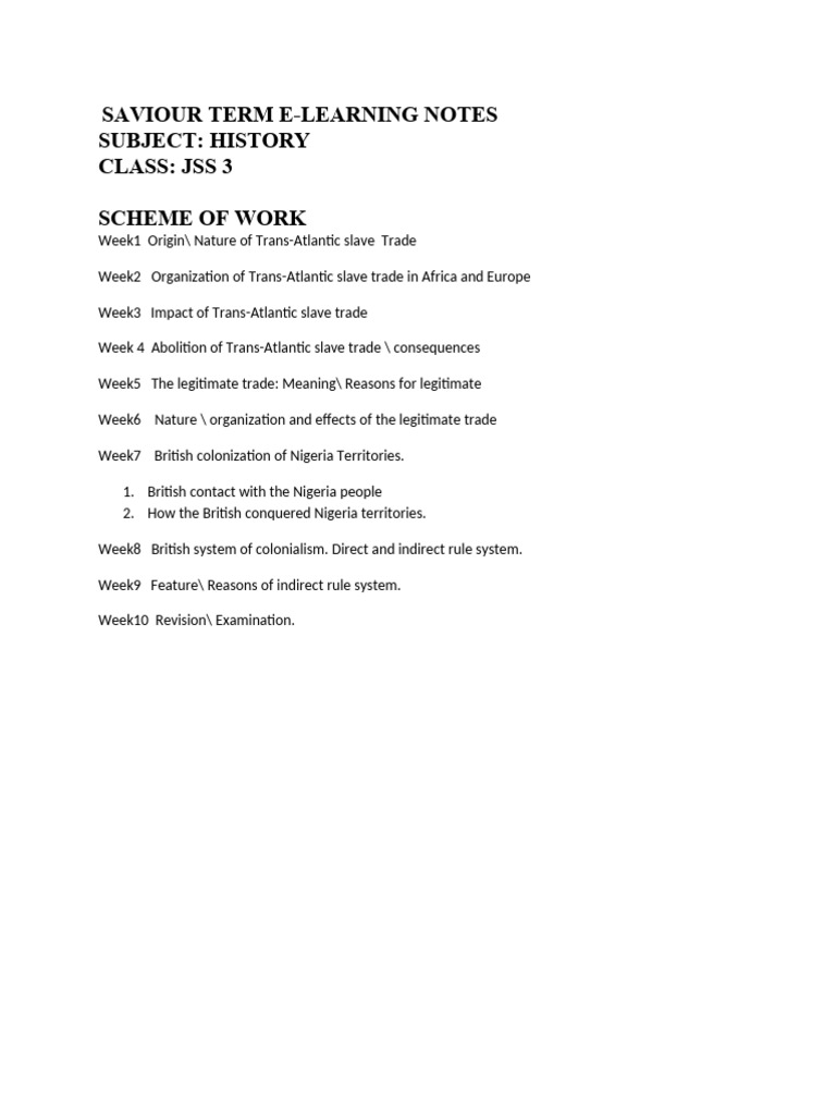 JSS3 History Saviour Term E-Note | PDF | Atlantic Slave Trade | Slavery