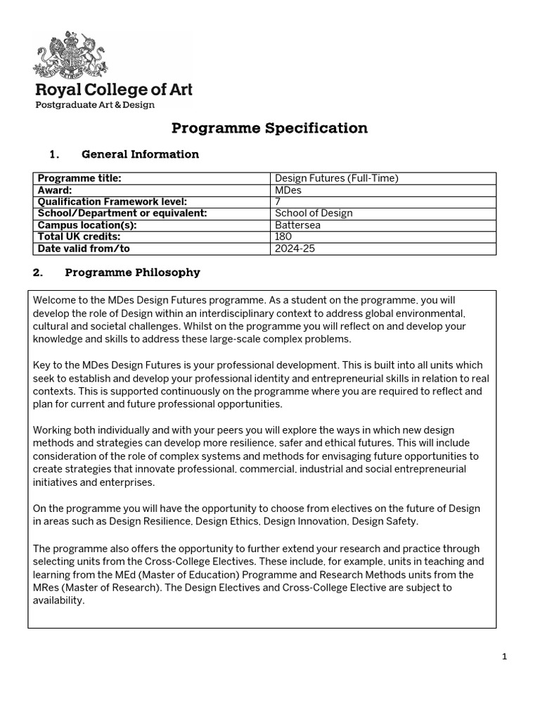 M Des Futures Programme Specification Full Time 202425 | PDF | Academic ...