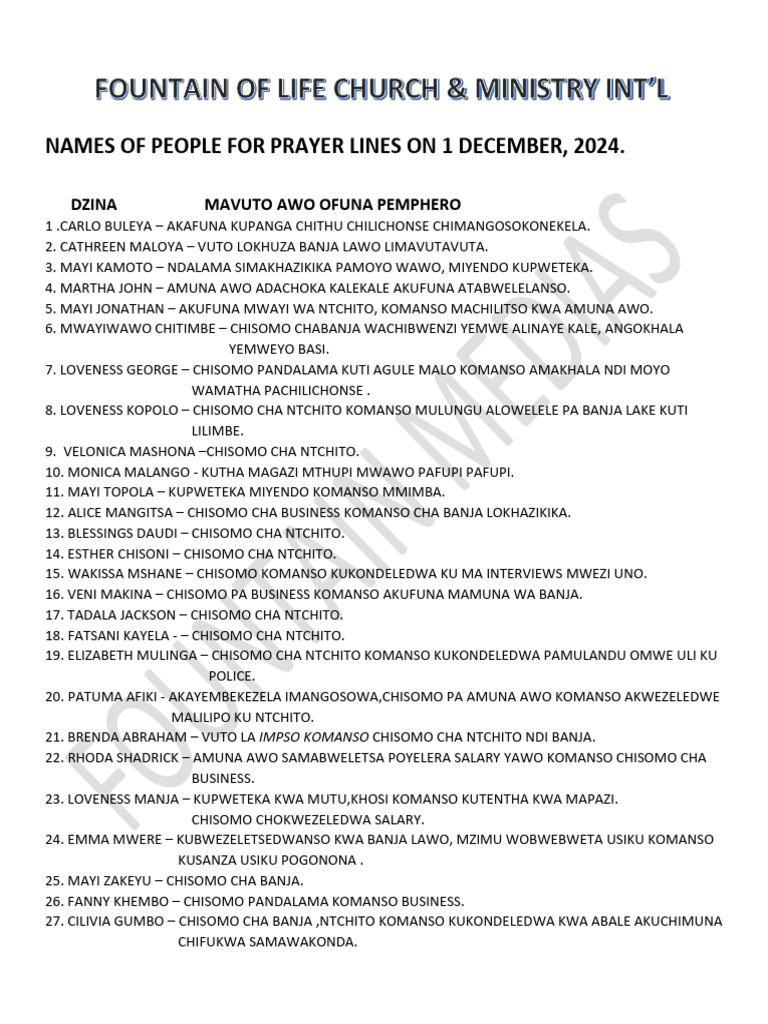 Prayer Line Names for December 2024 | PDF
