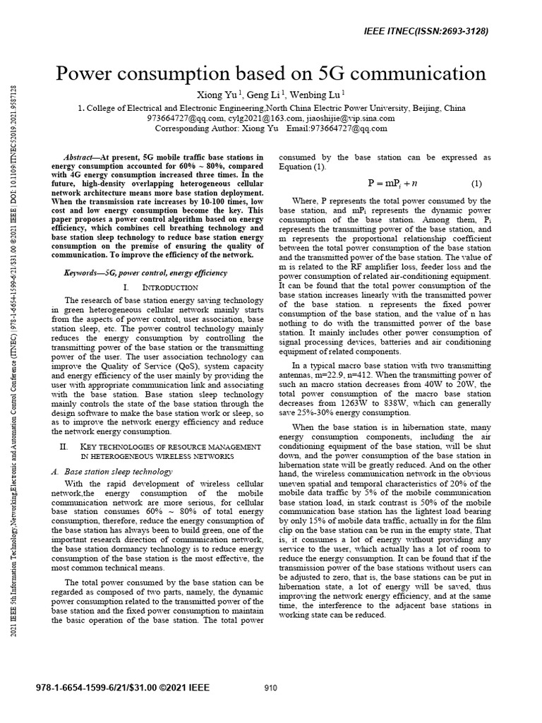 Power Consumption Based On 5G Communication | PDF | Base Station | Efficient Energy Use