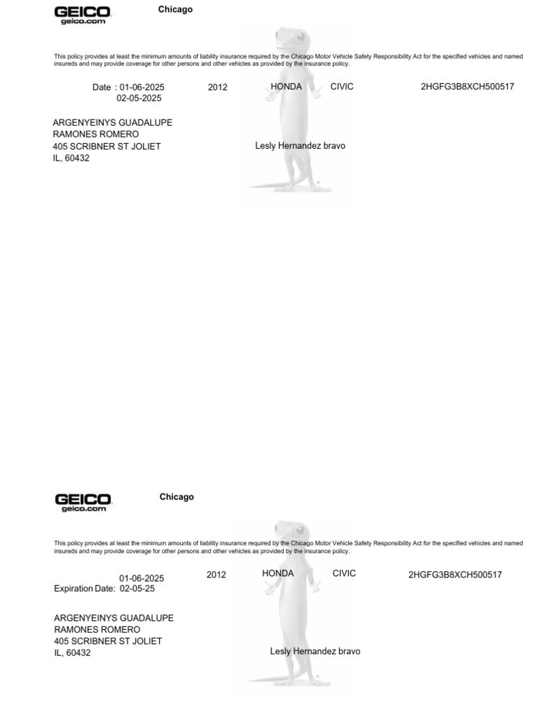 Geico Full Cover Honda Civic Chicago | PDF | Insurance | Transport
