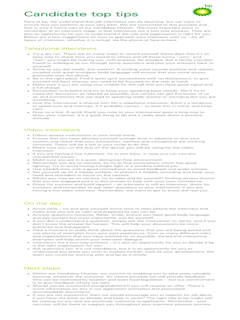 Careers Bp Candidate Support Top Tips | PDF | Job Interview | Telephone