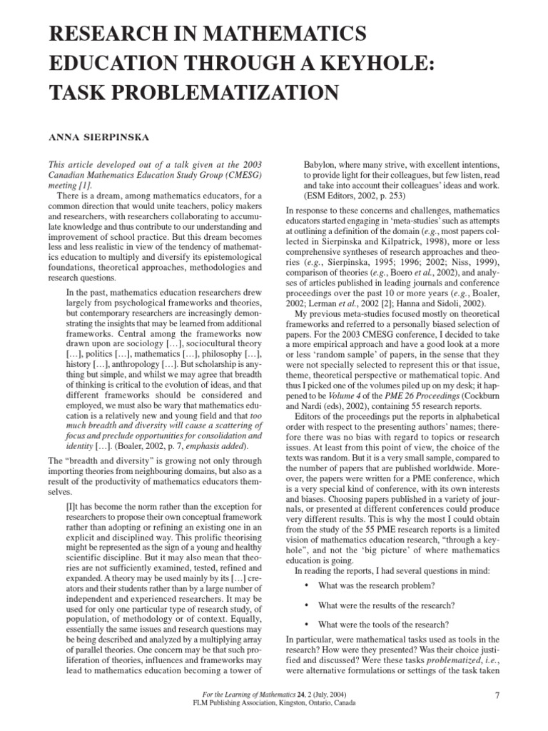 Research in Mathematics Education Through A Keyhole: Task ...