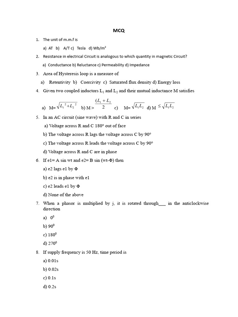 Basic Electrical Practice Set Questions | PDF | Transformer | Ac Power
