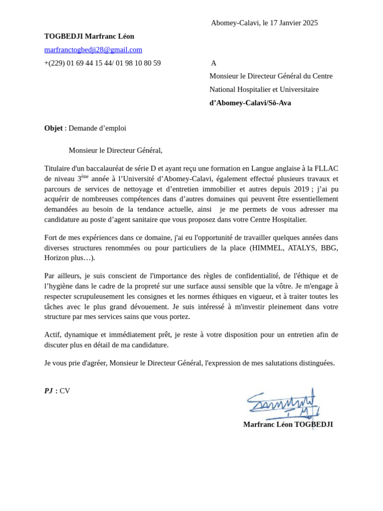 Demande d'emploi agent sanitaire Abomey-Calavi | PDF